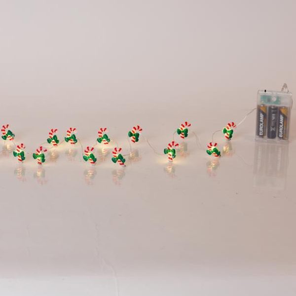 20 MINI LED CHRISTMAS LIGHTS, CANDY WITH GREEN BOW, 3XAA BATTERY, TIMER, SILVER COPPER CABLE ...
